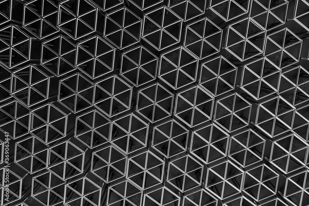 3d rendering of silver hexagons on black background. Abstract ...