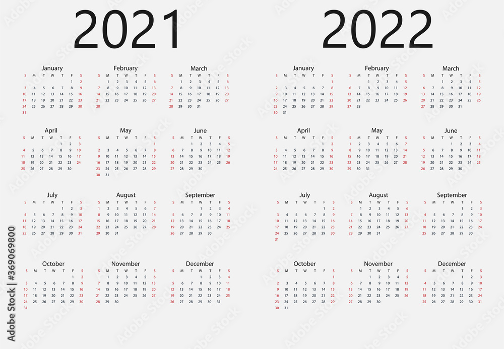 2021, 2022 calendar, week starts Sunday. Vector illustration, flat ...