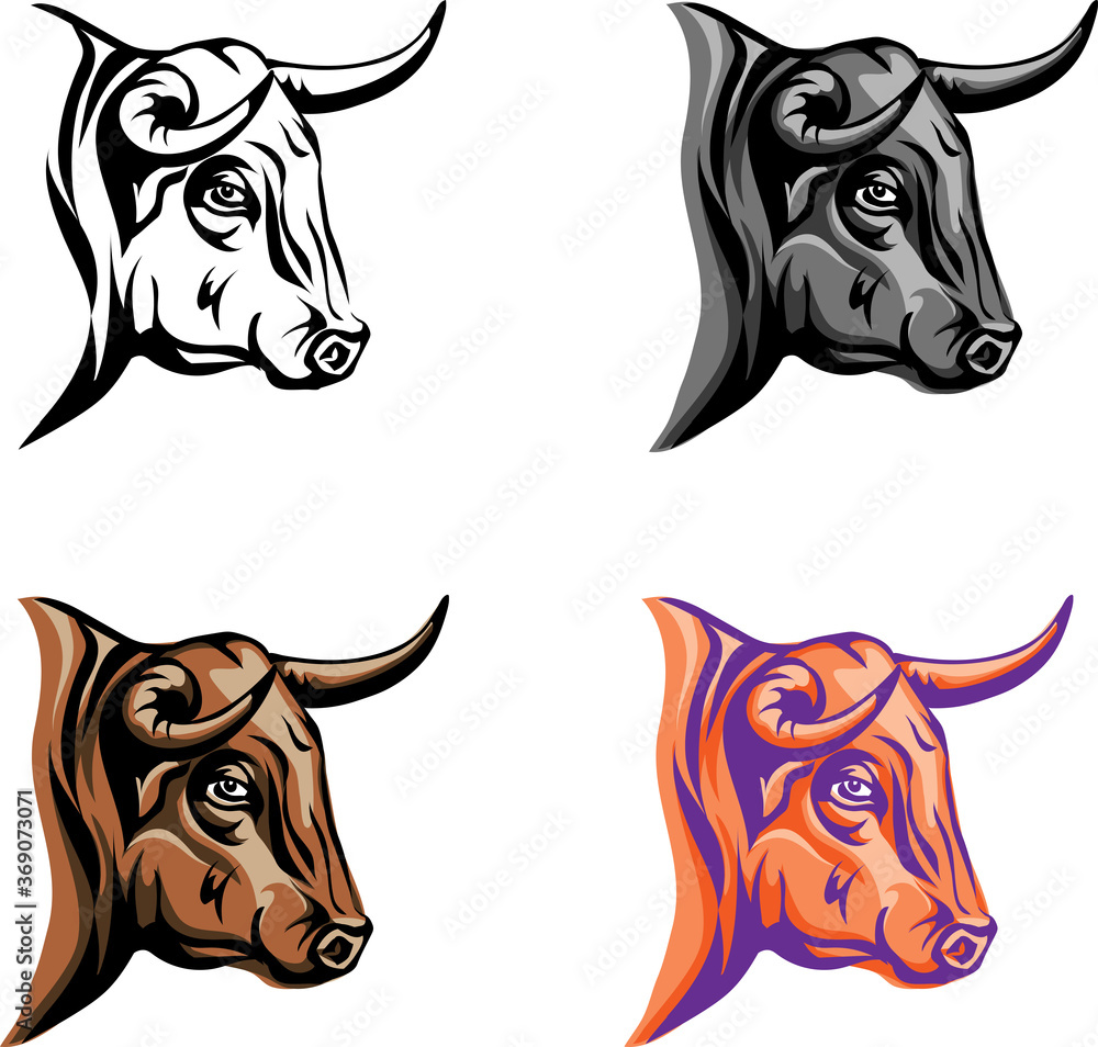 Bull, various images of the bull's head, various graphics and color ...
