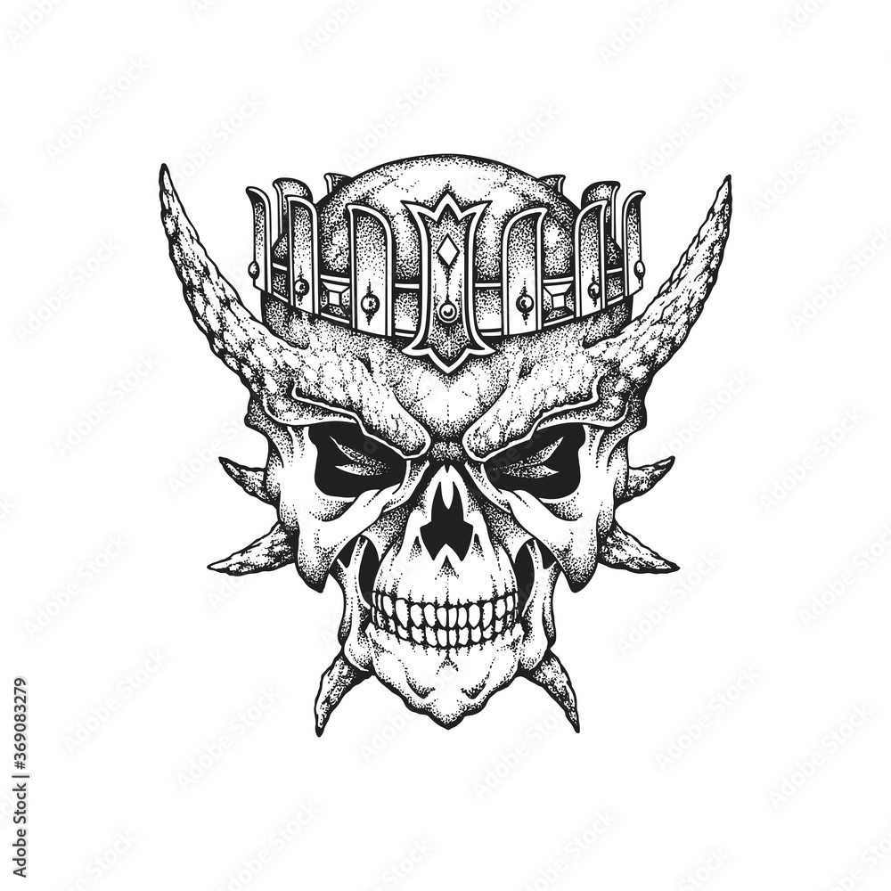 Horned King Skull Wearing Medieval Crown. Hand Drawn Vector ...