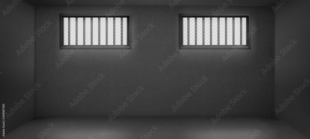 Poster Prison cell with barred windows, empty jail interior with grey ...