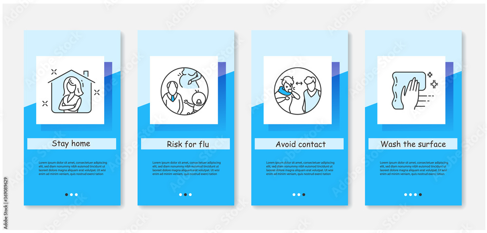 Seasonal flu risk and safety recommendations onboarding mobile app screens. Covid prevention ...