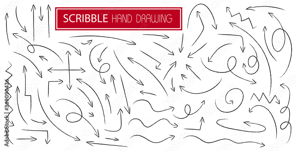 Big set black scribble arrows icons in hand drawn style. Doodle arrow ...