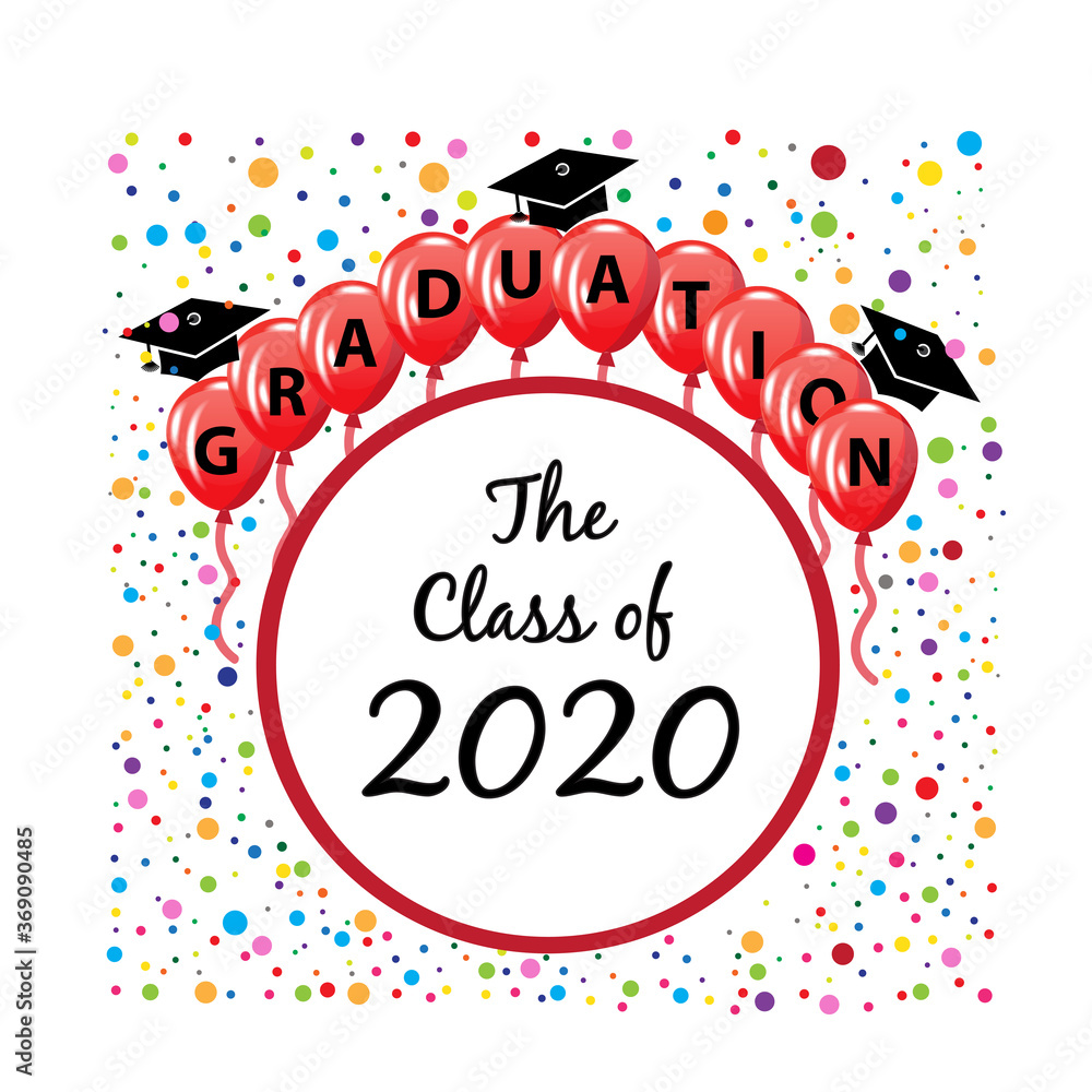 Graduation hats red balloons and confetti party celebration greetings ...