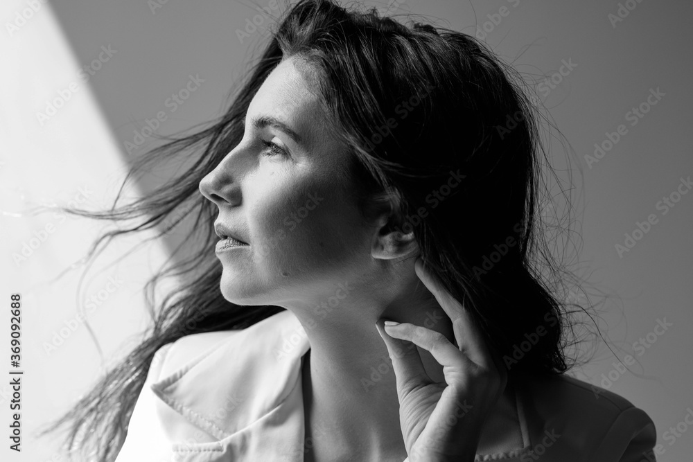 Black and white face profile of attractive young girl. Stock Photo ...