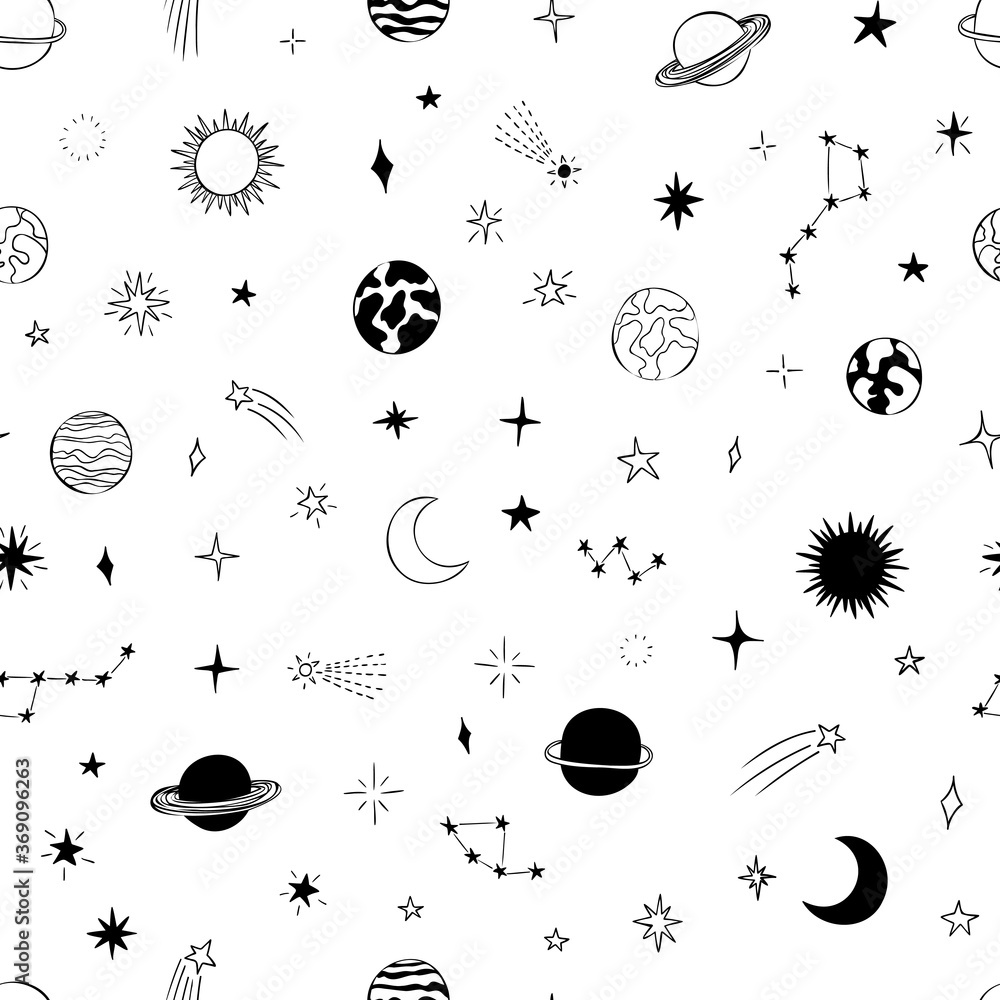 Space seamless pattern design hand-drawn. Space, universe, moon, sun ...