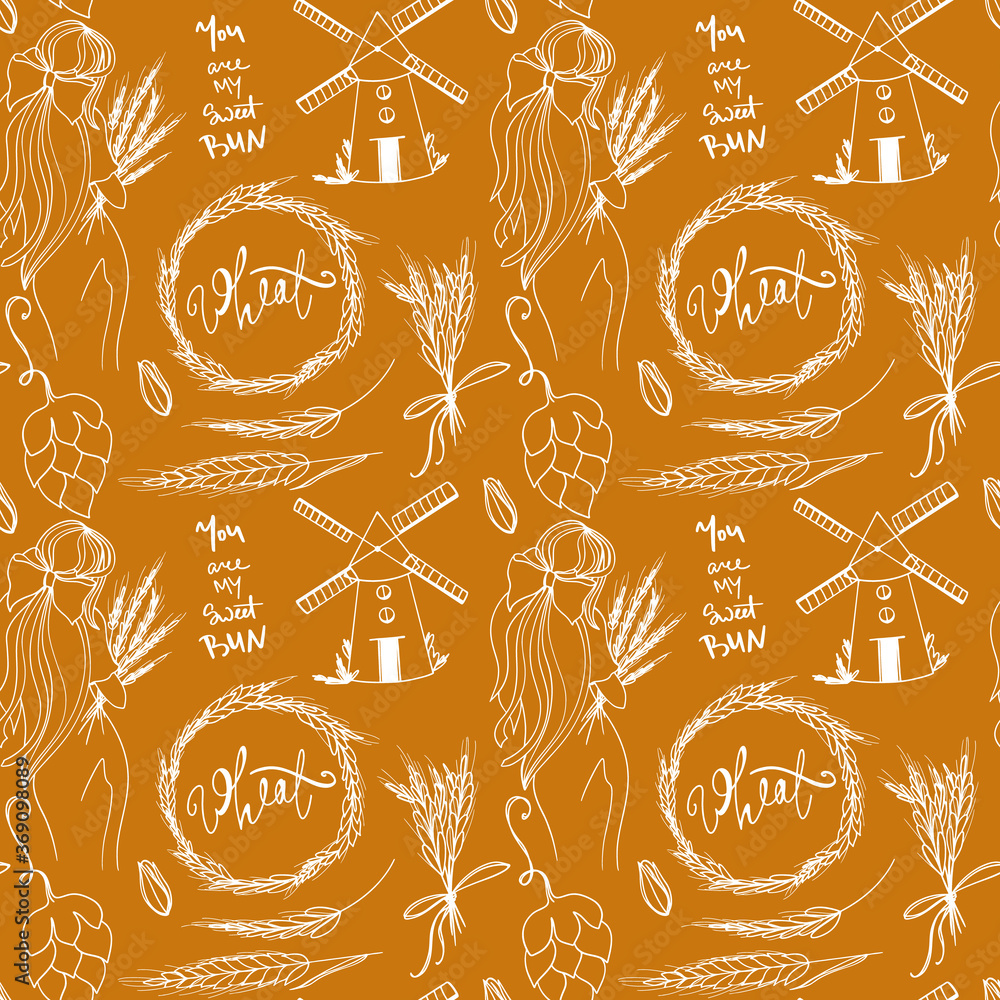 Cute kawaii square pattern of wheat spikelets and grains, mill on ...