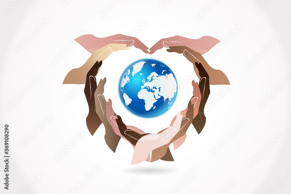 Hands holding a global world map logo vector web image template Stock ...