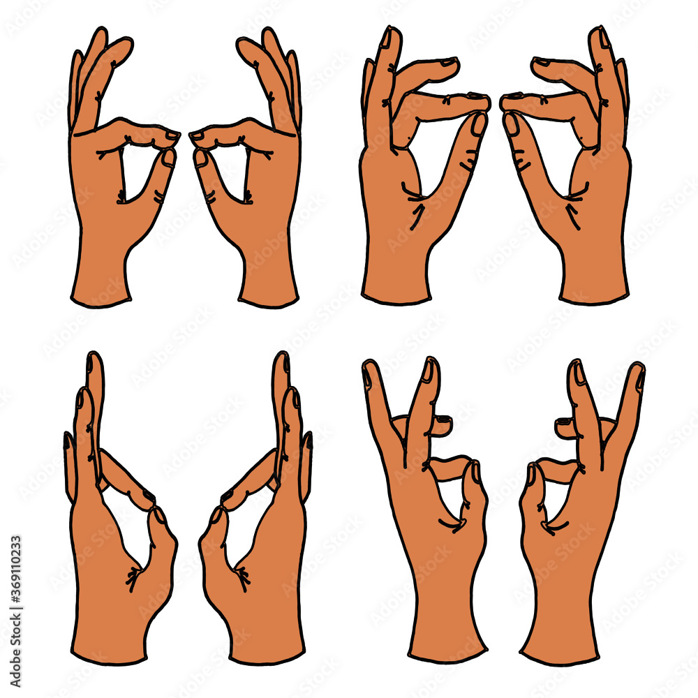 set Indian mudras, mudras that help in life situations, illustrator, illustration, beautiful ...