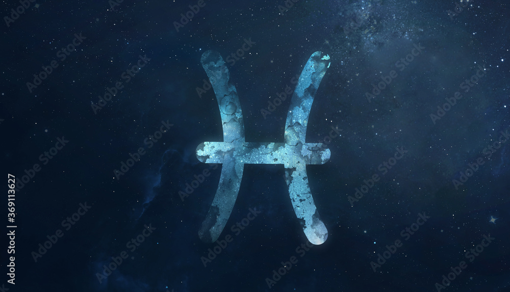 Pisces zodiac sign on starry night sky. Collection of astrology symbols ...
