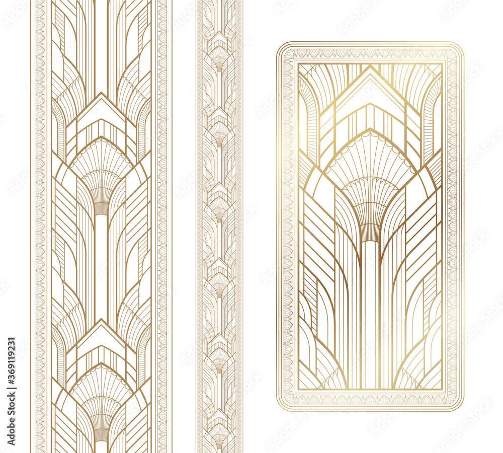 Gold art deco panel and border with ornament on white background Stock ...