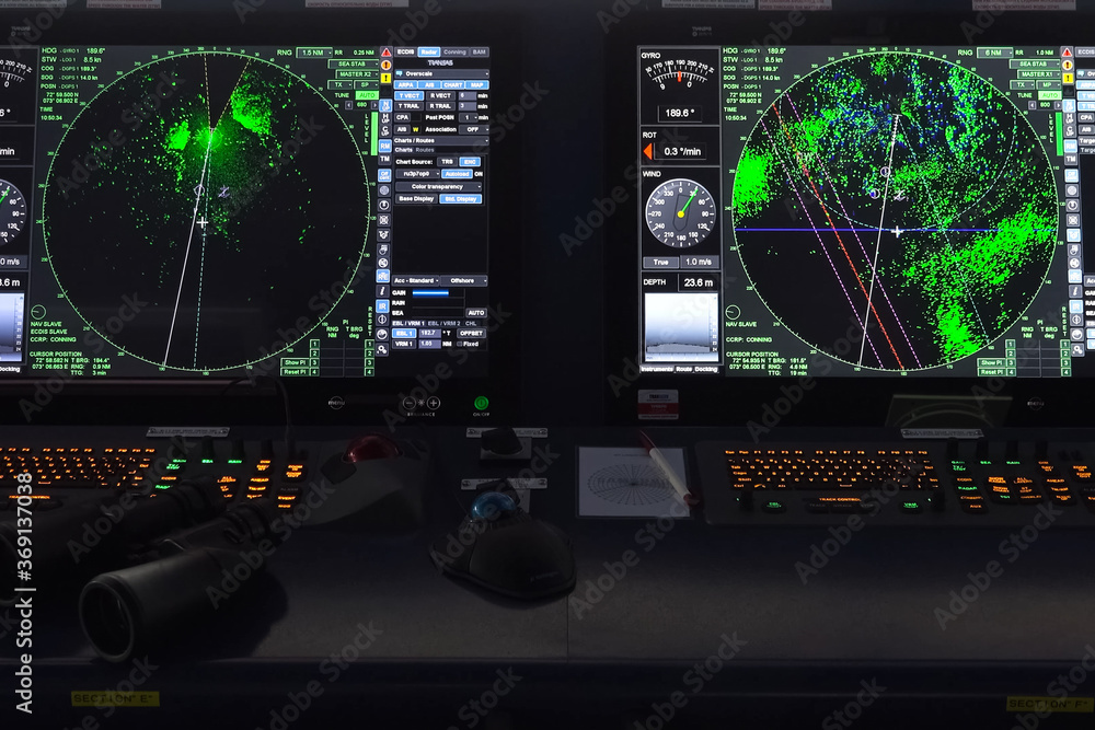 Ship control panel. Navigational devices and echolocation and ra Stock ...