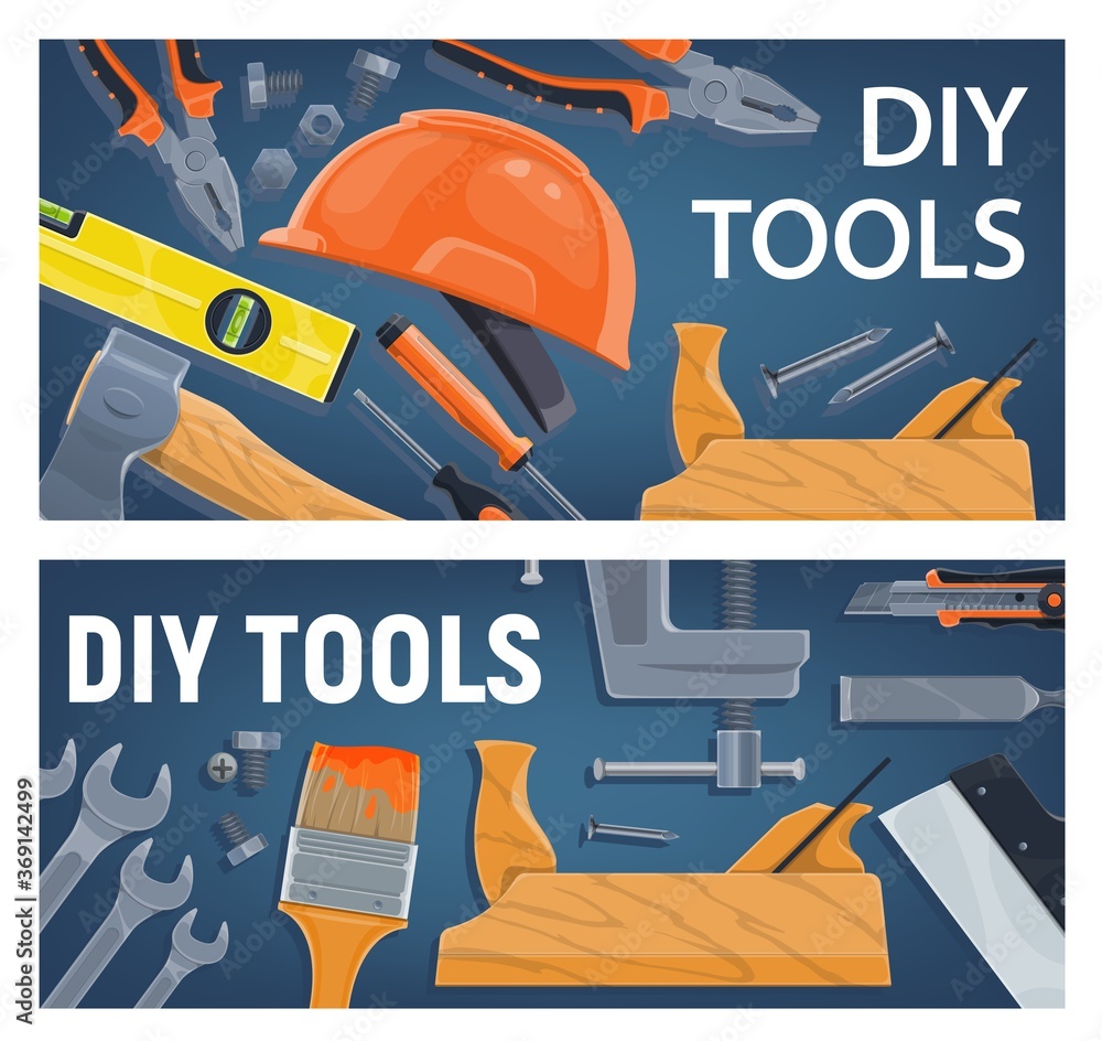 DIY and construction, woodworking tools vector. Pliers and wrench, bulb ...