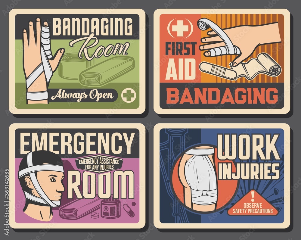 Bandage, emergency room medicine retro vector posters. Trauma of finger ...