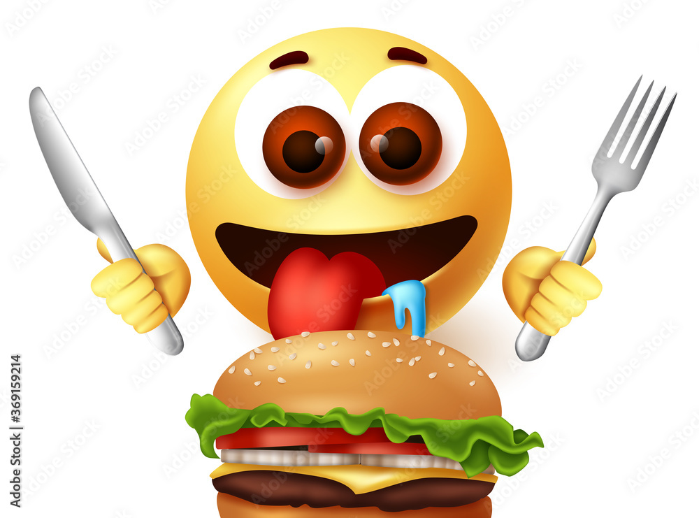 Plakat Emoji smiley eating hamburger character vector design. Smiley ... Plakat Emoji smiley eating hamburger character vector design. Smiley ...