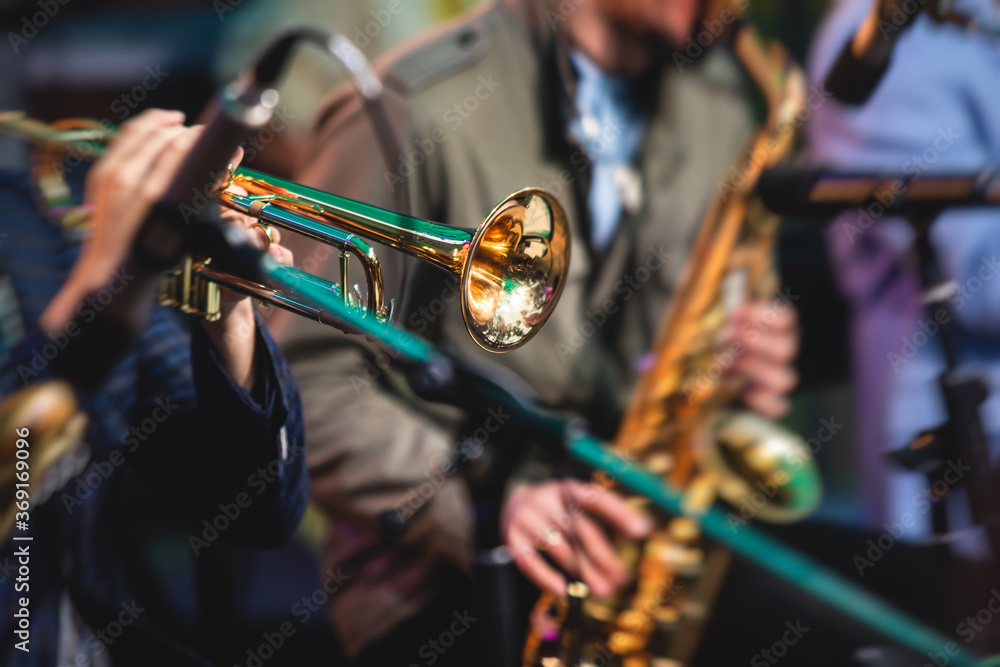 Poster Concert view of a male trumpeter, professional trumpet player ...