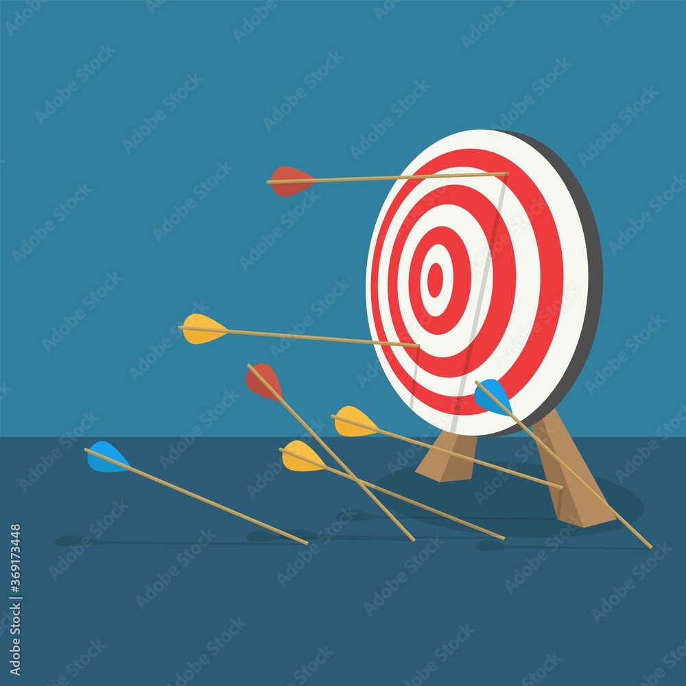 Many arrows missed hitting target mark. Shot miss. Multiple failed ...