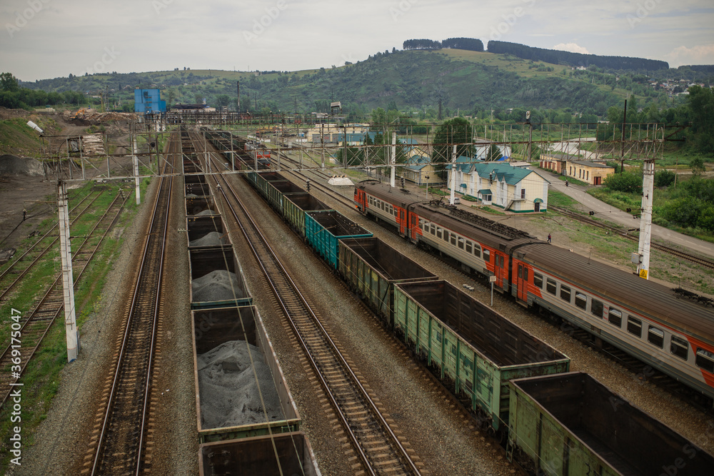 Top view of a railway marshalling yard with railroad cars. Coal ...