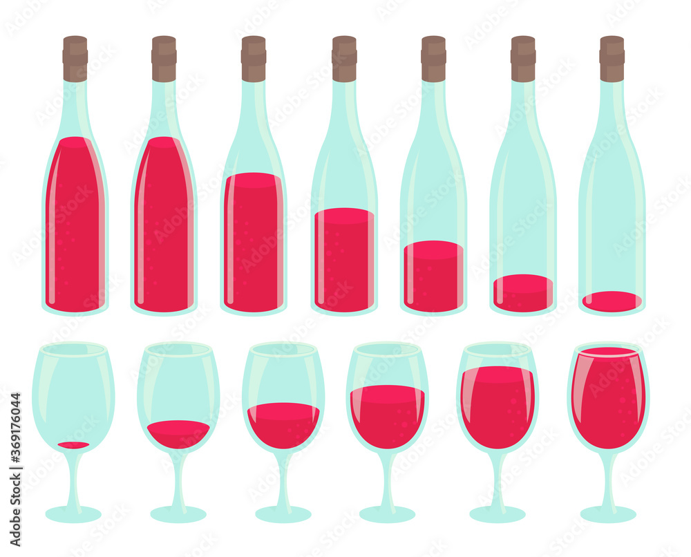 Bottle drinking process. Different amount of beverage. Set of glasses ...