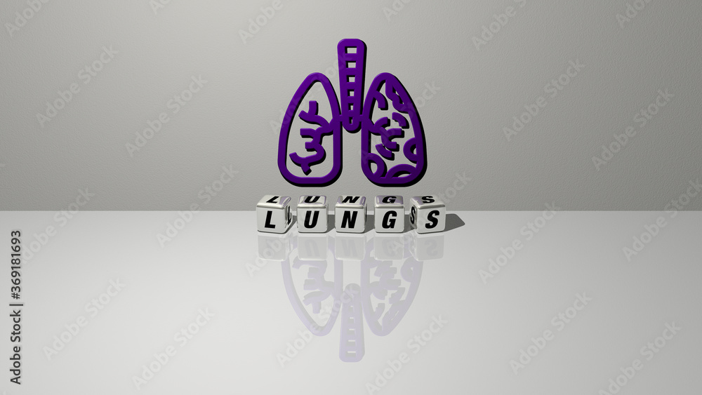 3D illustration of lungs graphics and text made by metallic dice ...