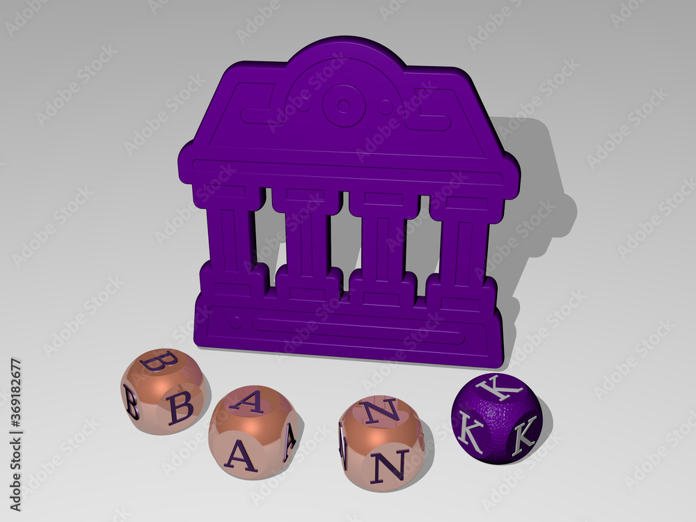 3D representation of bank with icon on the wall and text arranged by ...