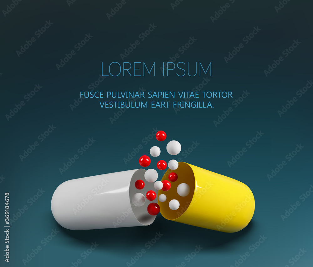 Vector medical template. Opened yellow capsule isolated on dark ...