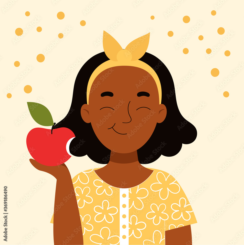 Cute smiling african girl eating an apple. School snack, healthy food ...
