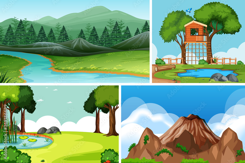 Four different scenes in nature setting cartoon style Stock Vector ...