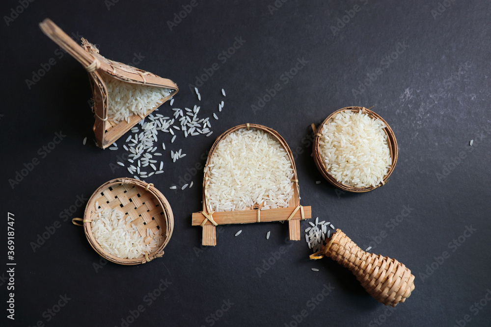 Raw rice farming. Indian kolam rice placed in an indigenous or conical ...