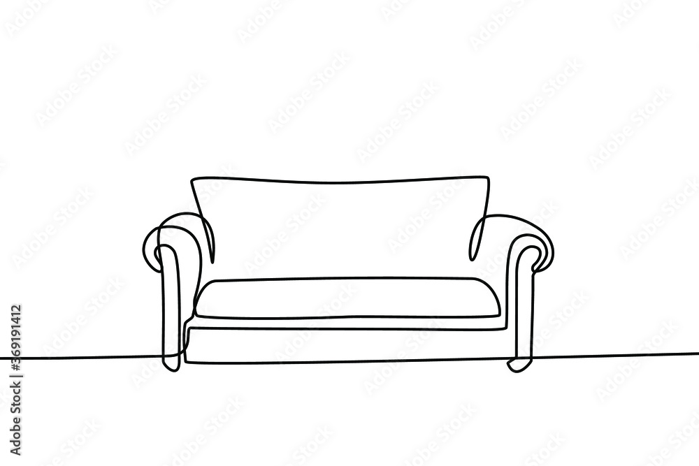 Continuous line drawing of front view the sofa. Modern sofa isolated on ...