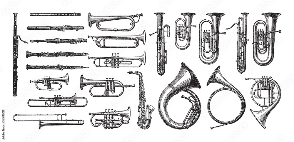 Music instrument collection of wind instruments - vintage engraved ...