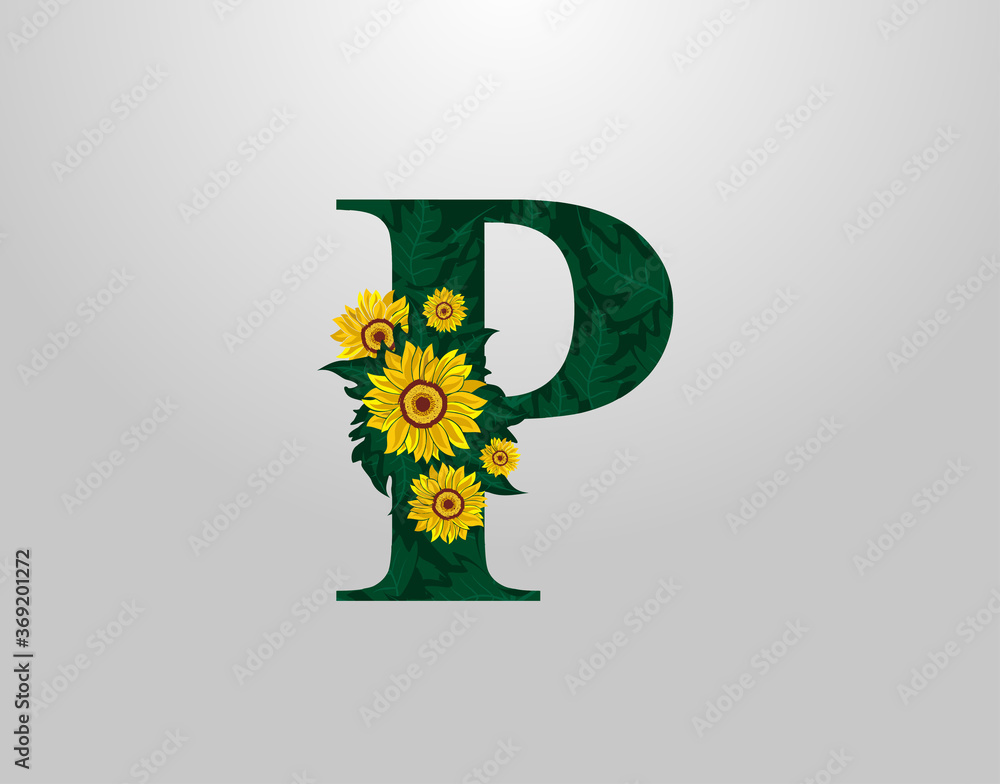 P Letter with sunflower vector design. Flower P Logo Icon. Typography ...