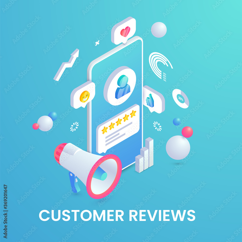 Customer review banner. Feedback trendy isometric 3d concept. User icon ...