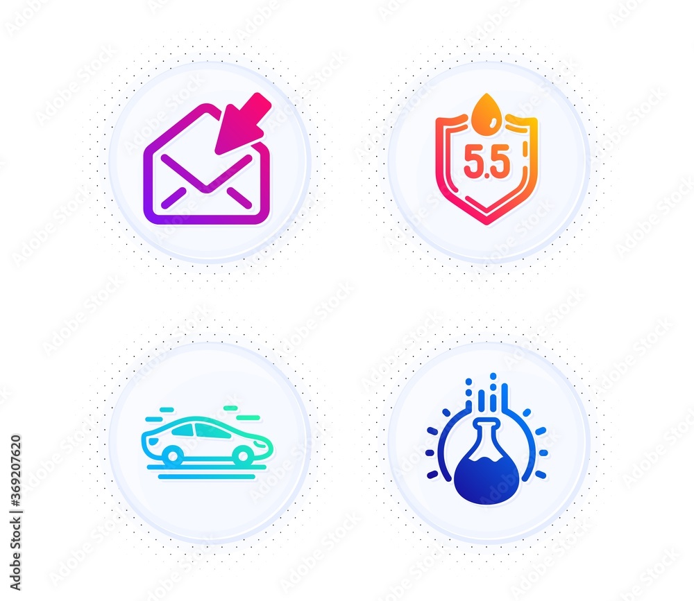 Ph neutral, Car and Open mail icons simple set. Button with halftone dots. Chemistry experiment ...