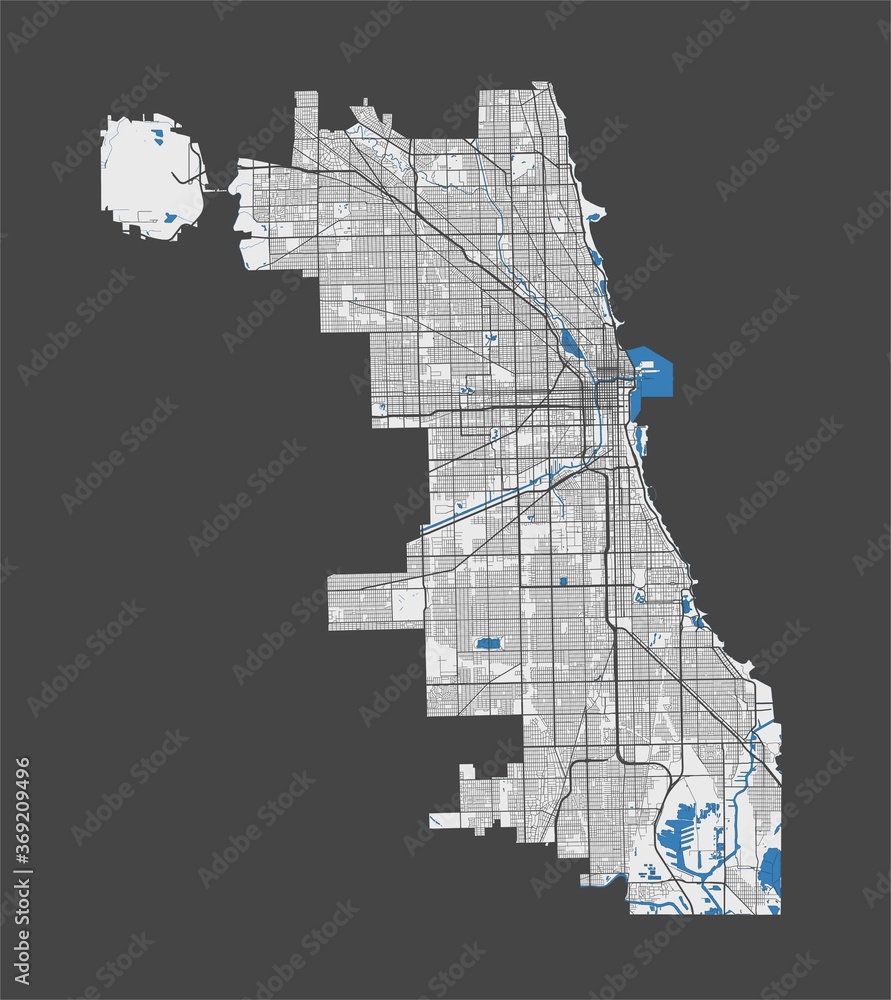 Chicago map. Detailed map of Chicago city poster with streets, water ...