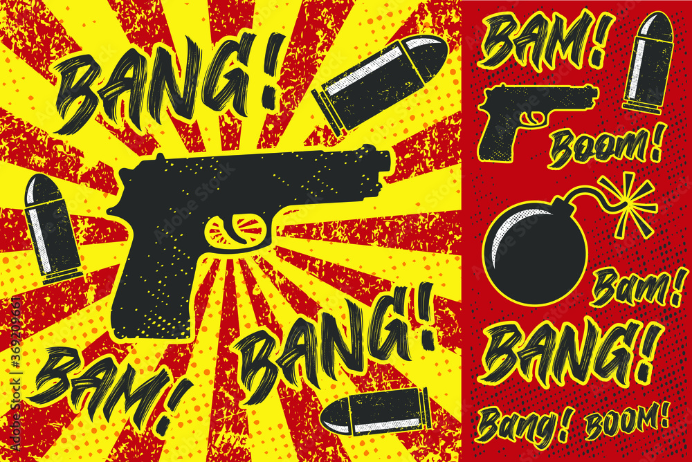 Simple cartoon style bomb, gun, bullet icon symbol. Explosion logo sign ...