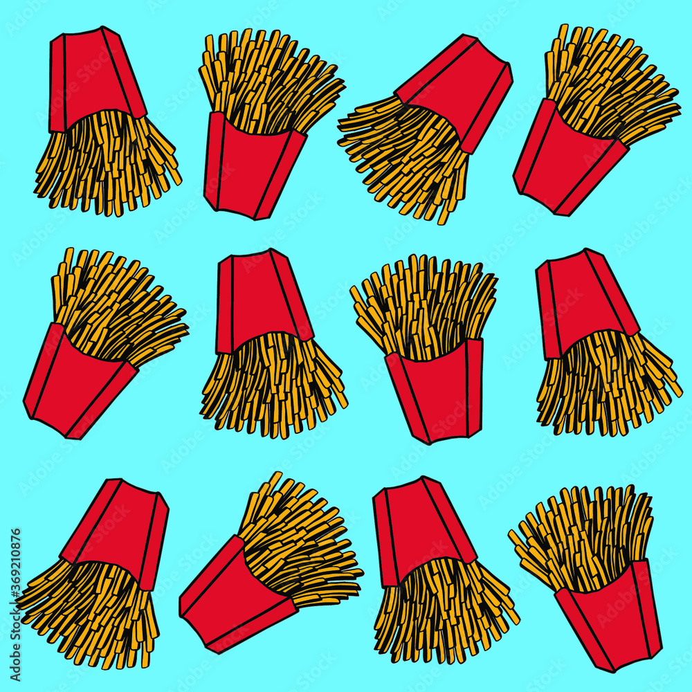French fries pattern in red craft box hand drawn on blue background ...