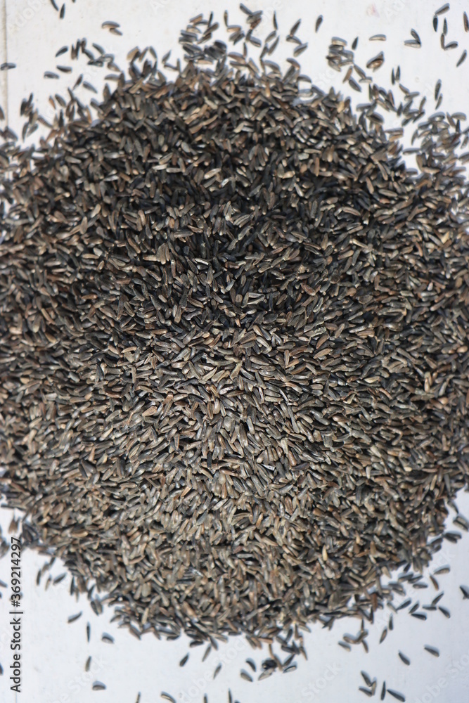 Black Niger seeds, Guizotia abyssinica heaped on white wooden table ...