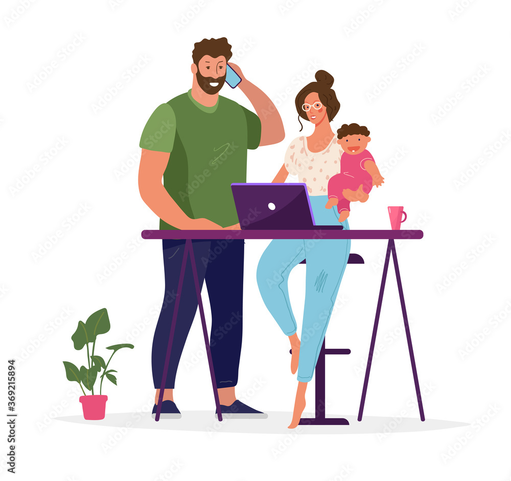 Young modern family with a child at remote work. Mom works at a ...