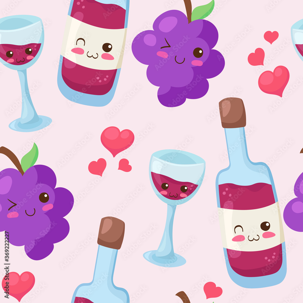 Wine Bottle, Glass & Purple Grapes cartoon characters. Vector kawaii ...