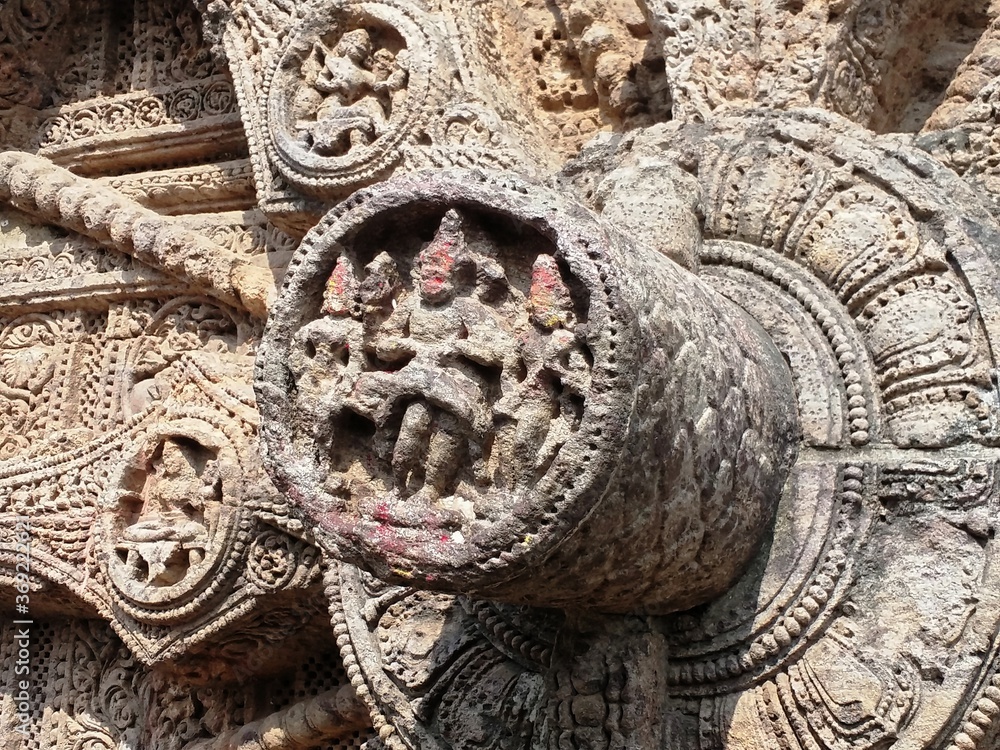 Ancient ruin statue and art sculpture of Konark Sun temple. Stock Photo ...