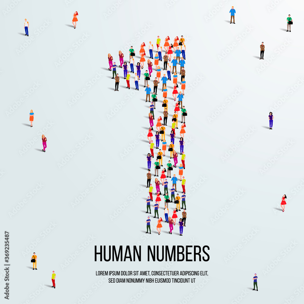 large group of people form to create number 1 or one. people font or ...