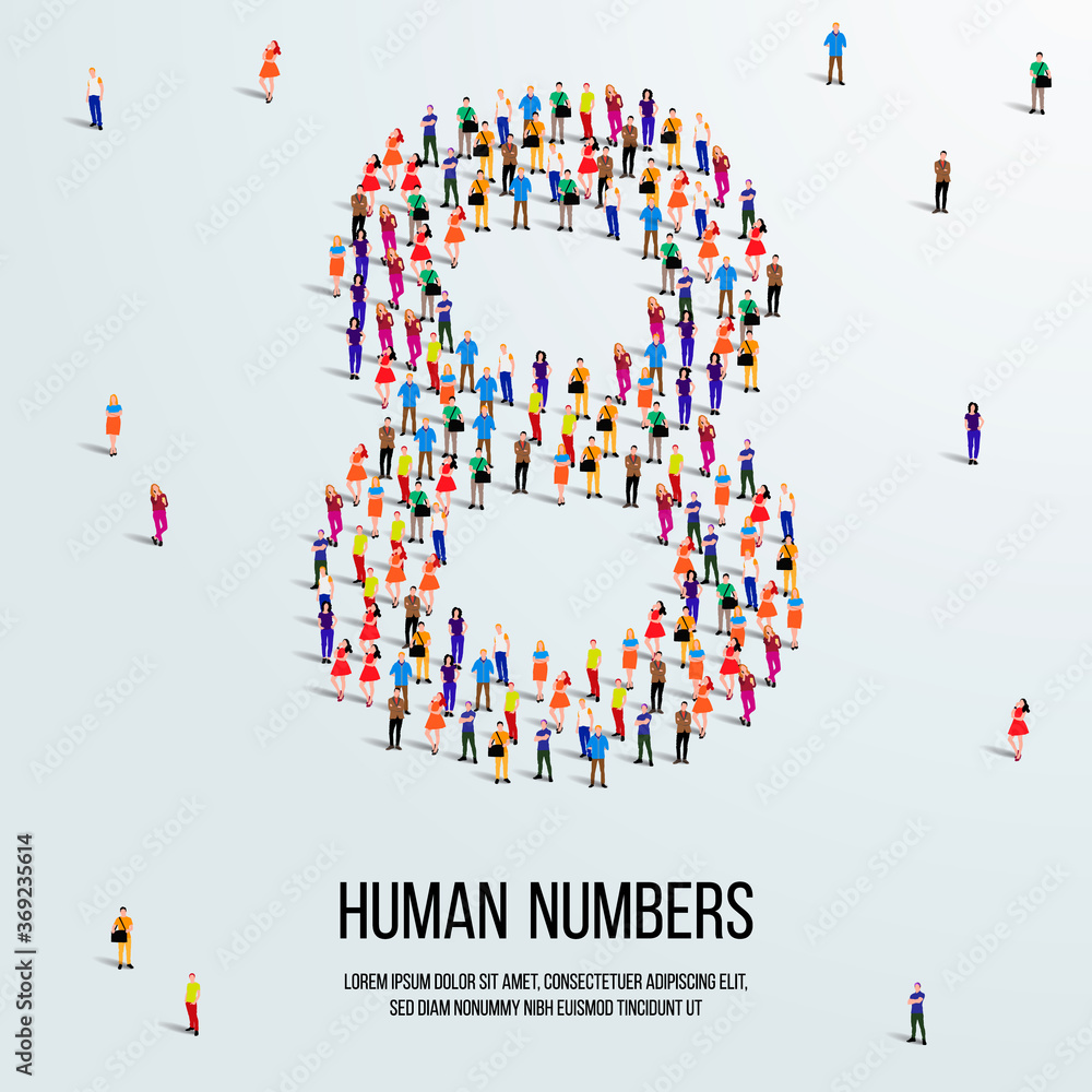 large group of people form to create number 8 or eight. people font or ...
