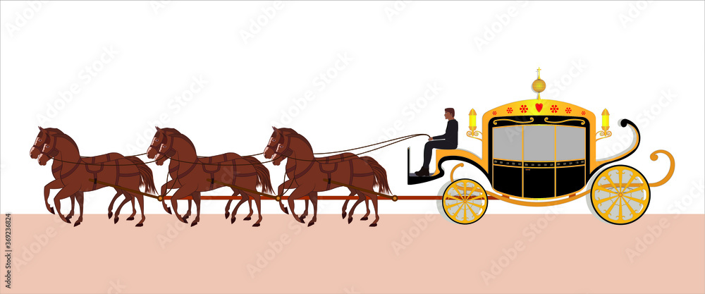 Four wheeled carriage or Coach with six horse drawing in vector Stock ...