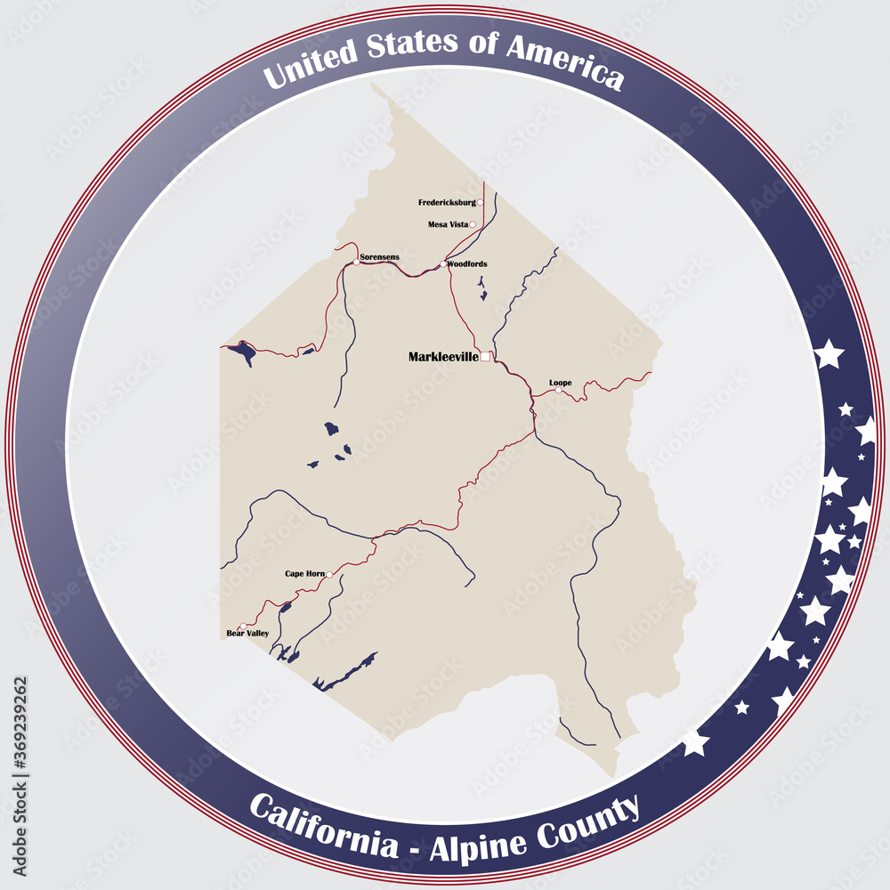 Round button with detailed map of Alpine County in California, USA ...
