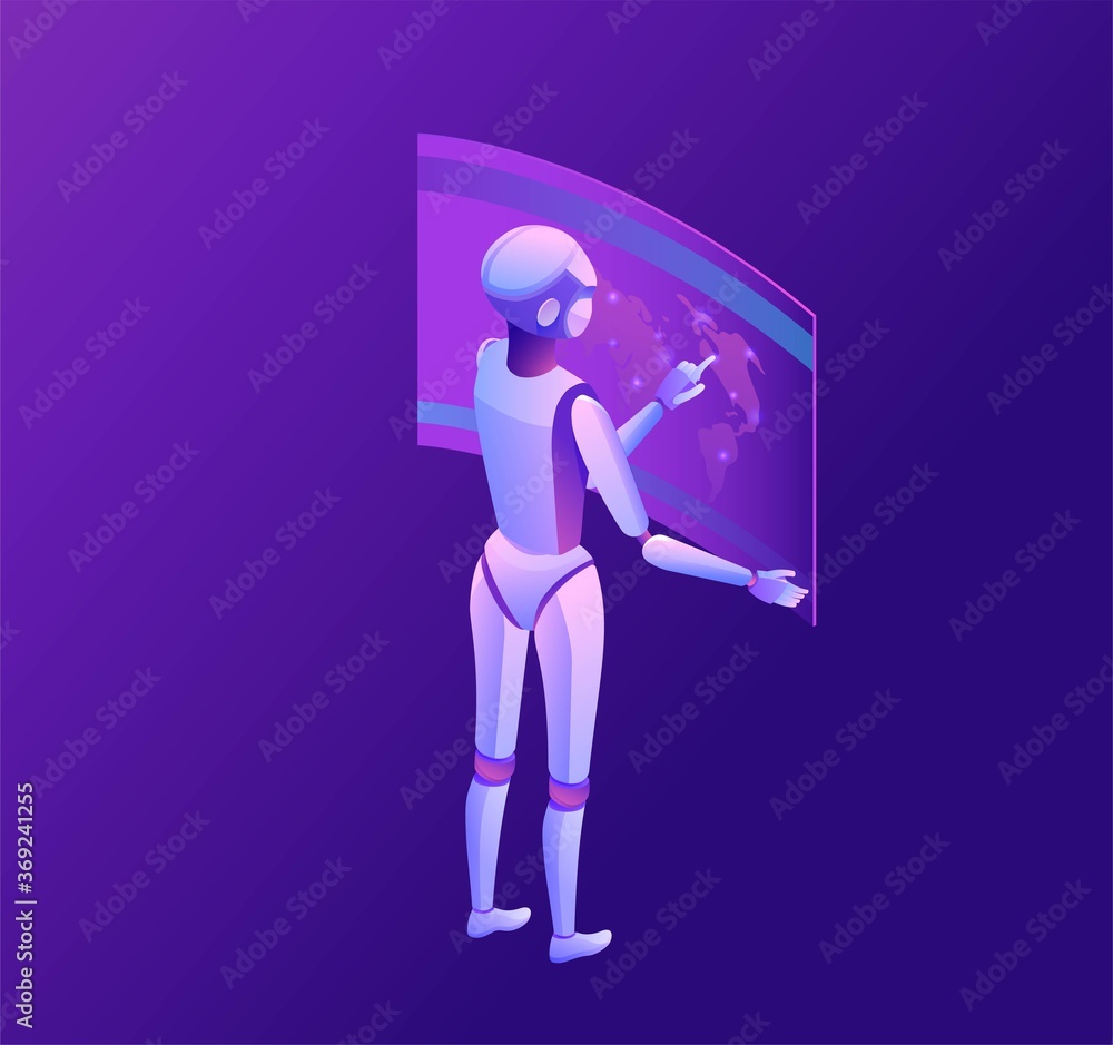 Robot watching earth, Isometric 3d vector illustration, smart ...