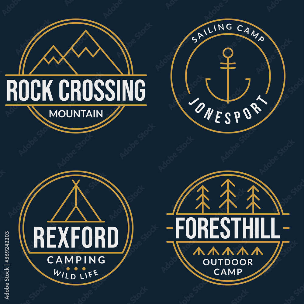 Camp logo set. Camping badges with forest, mountain and tourist tent ...