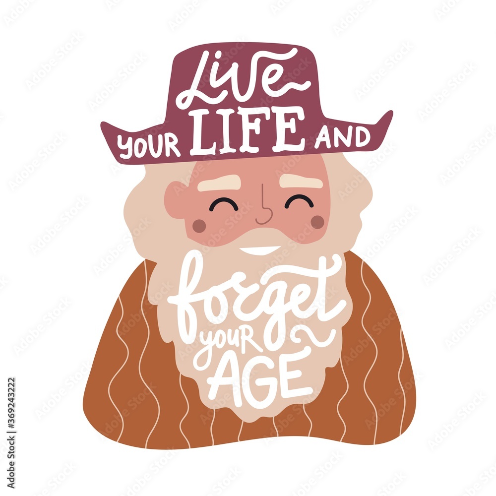 Cheerful old man with beard and hat flat vector illustration with ...