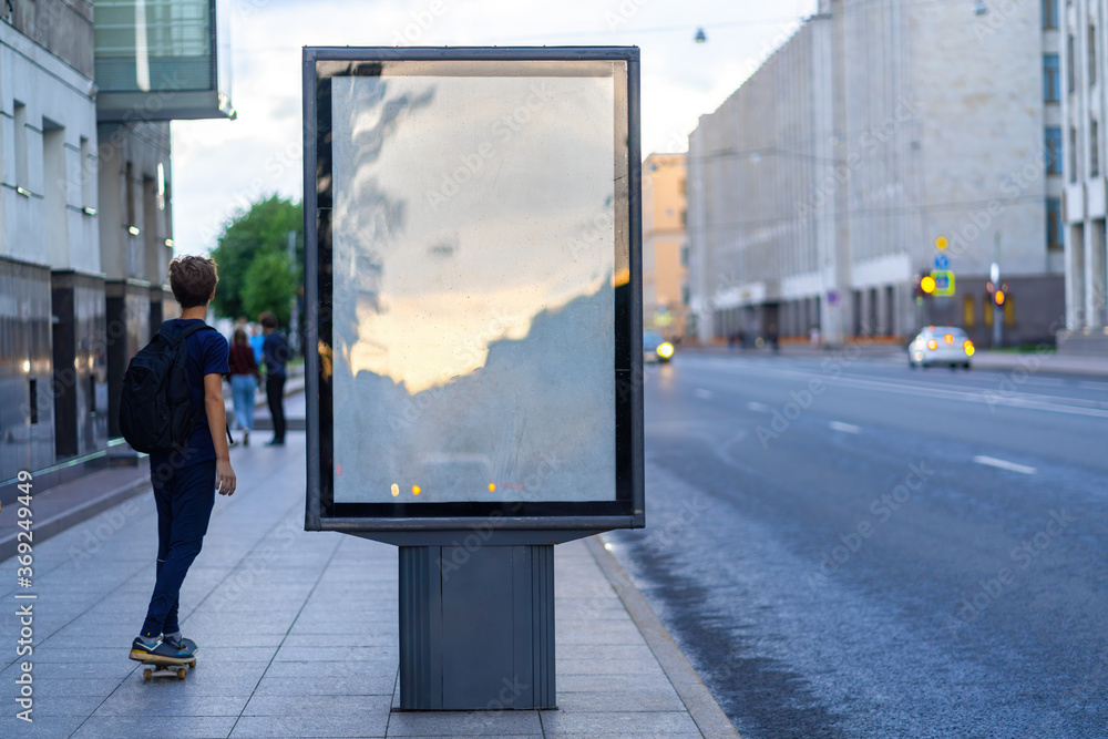 bus stop sign on the road. Mockup Billboard. With people walking Stock ...