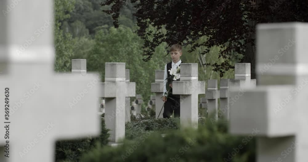 Young boy coming to honour his perished dad at cemetery. Teenager child ...